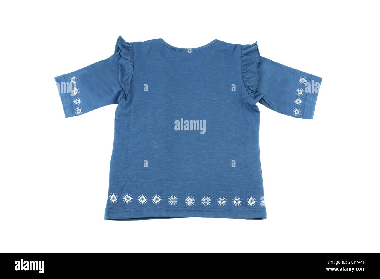 Kids shirt isolated. A beautiful blue t-shirt with cute floral pattern for the little girl ...