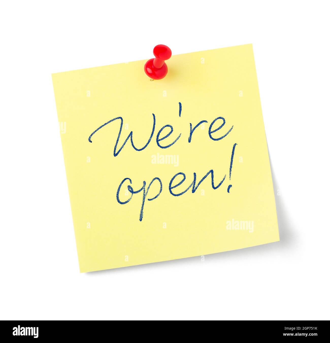 Yellow paper note with text We are open Stock Photo - Alamy