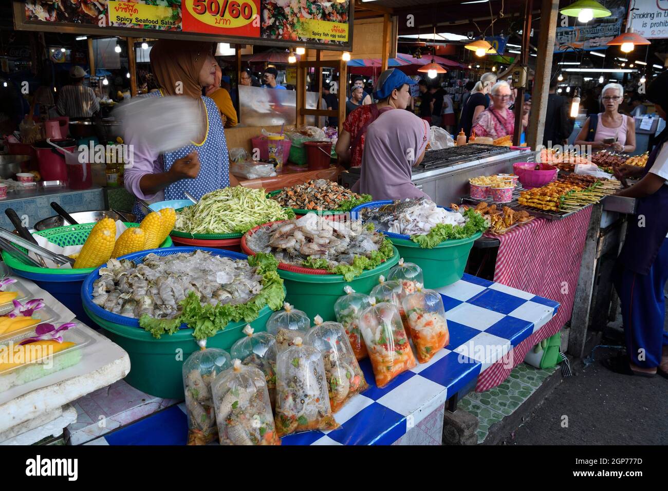 Market stall with typical food, Naka Weekend Market, Phuket, Thailand ...