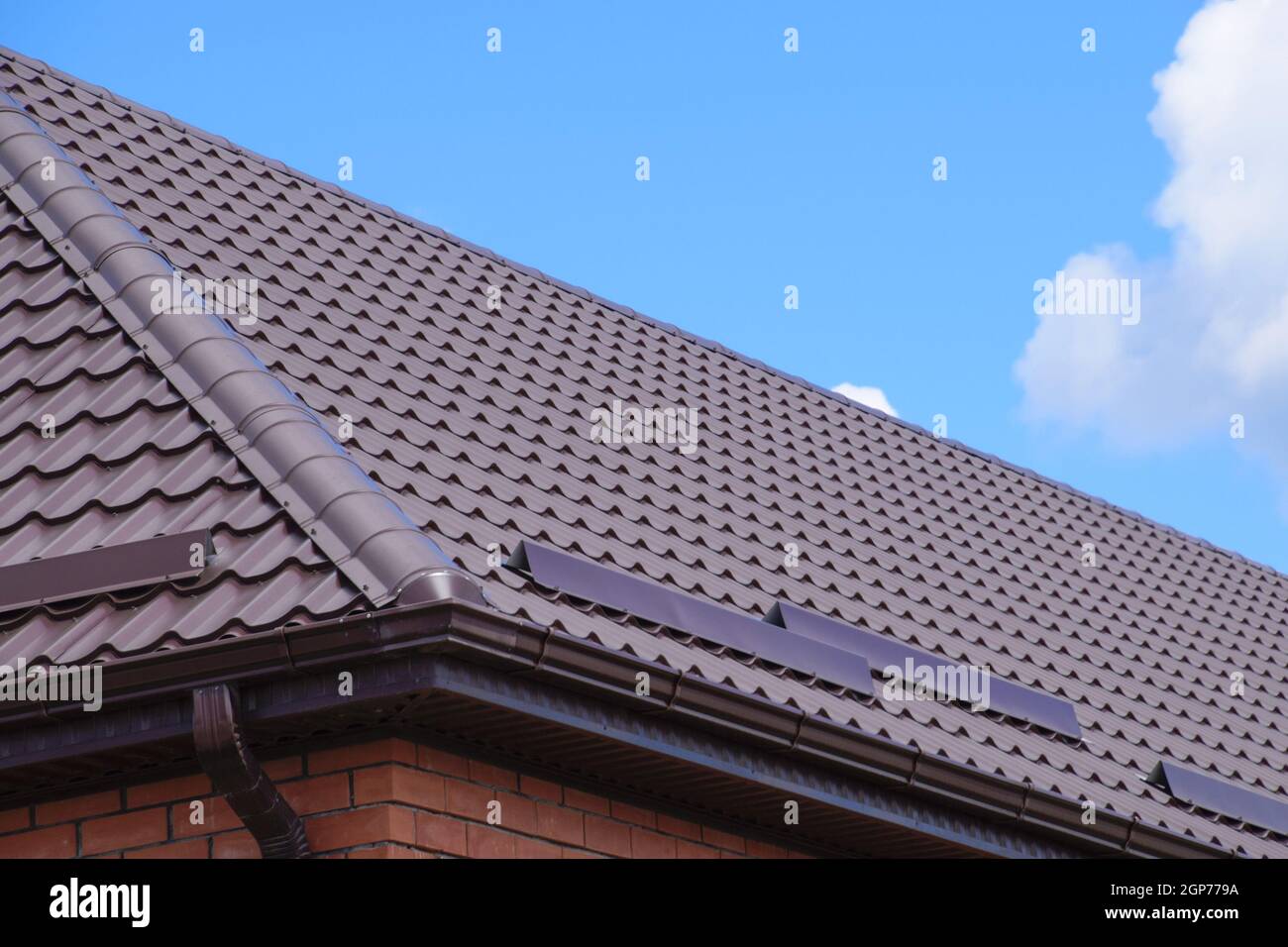 The roof of corrugated sheet. Roofing of metal profile wavy shape Stock ...