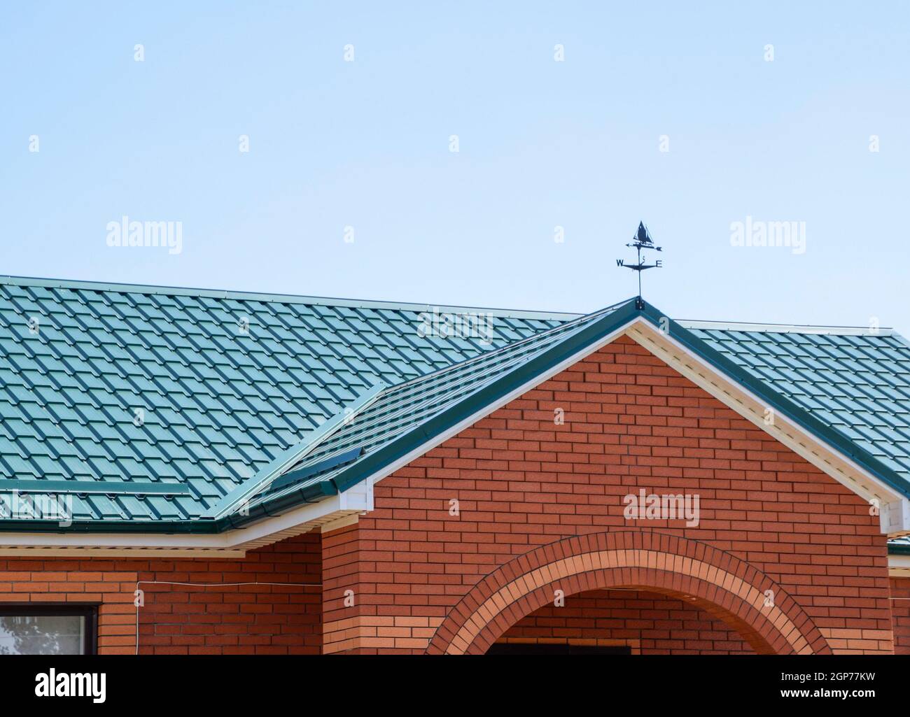 The roof of corrugated sheet. Roofing of metal profile wavy shape Stock ...