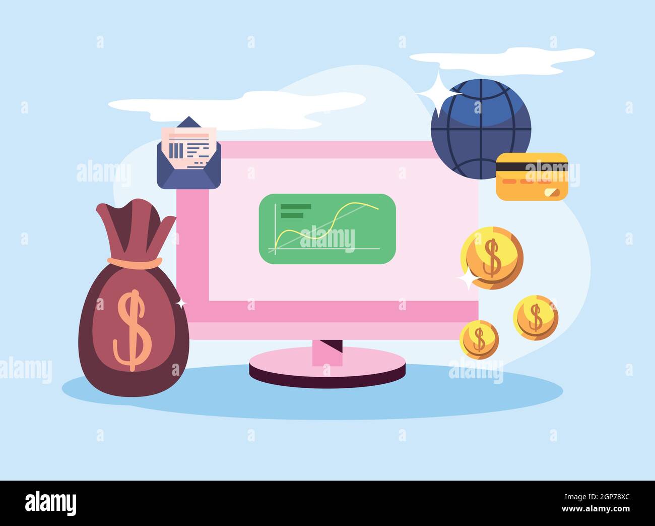 Computer with money bag and coins of online financial theme Stock ...