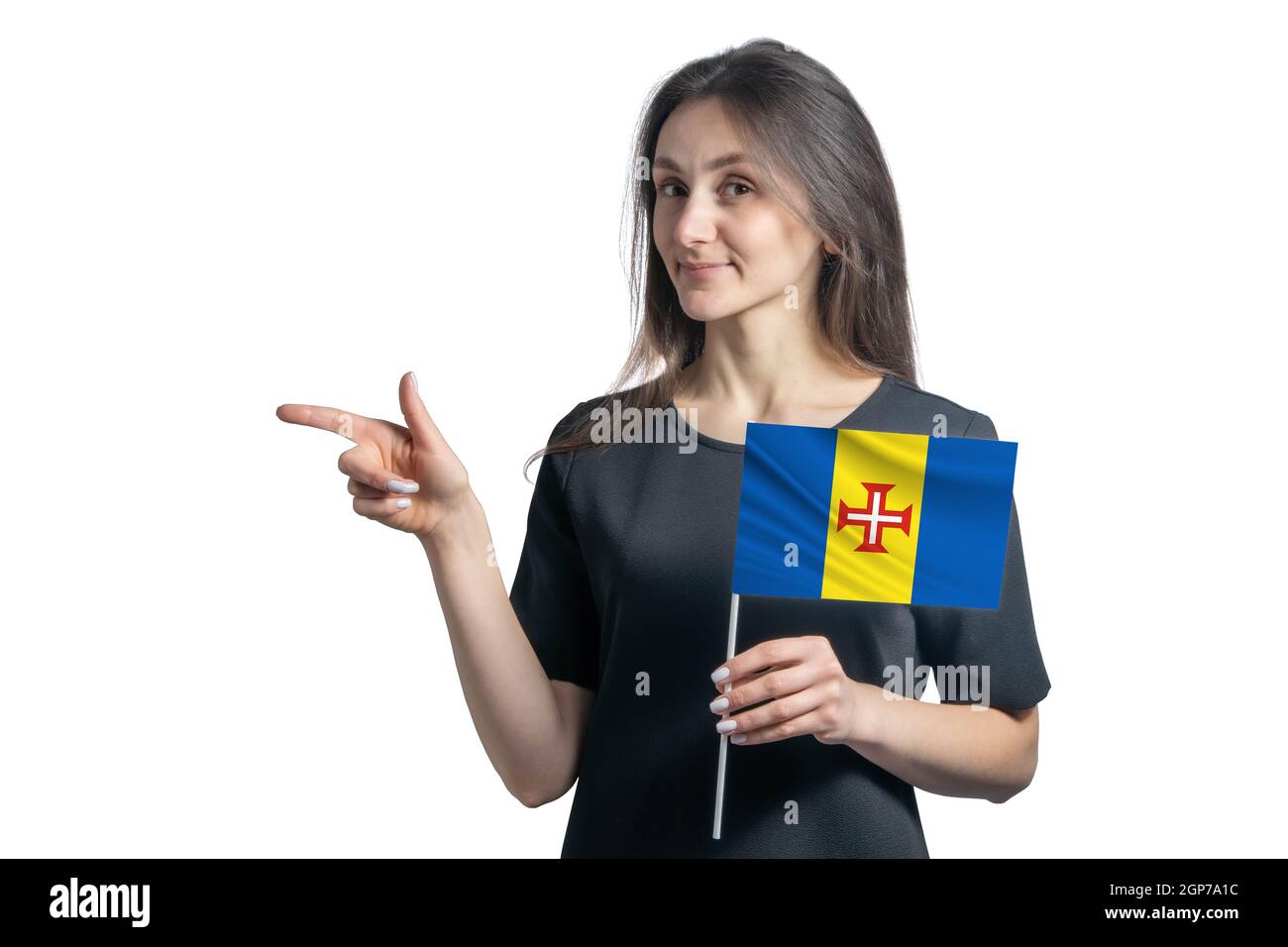 Happy young white woman holding flag Madeira and points to the left ...