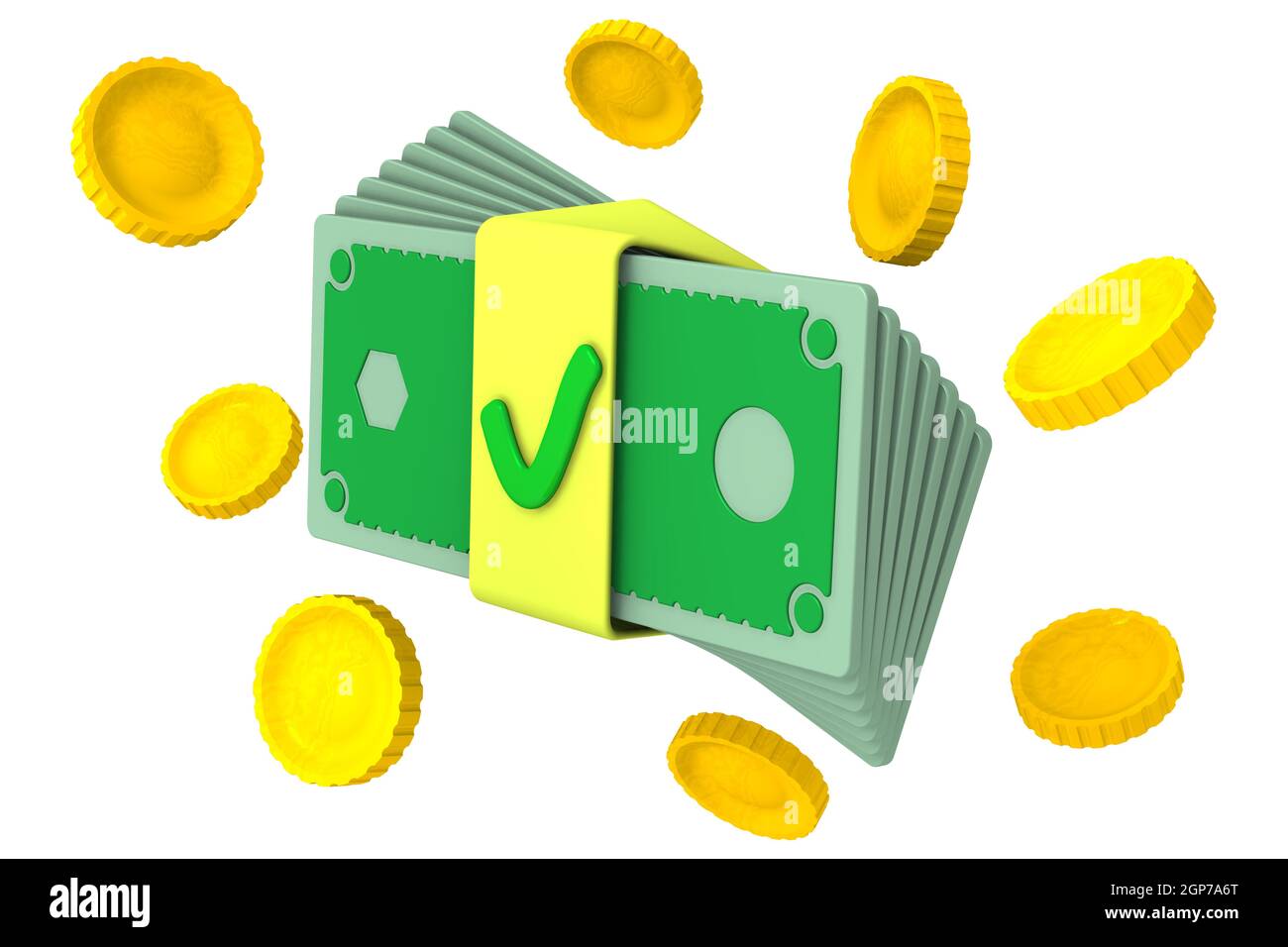Bundles of bills with coins isolated on white background. 3D ...