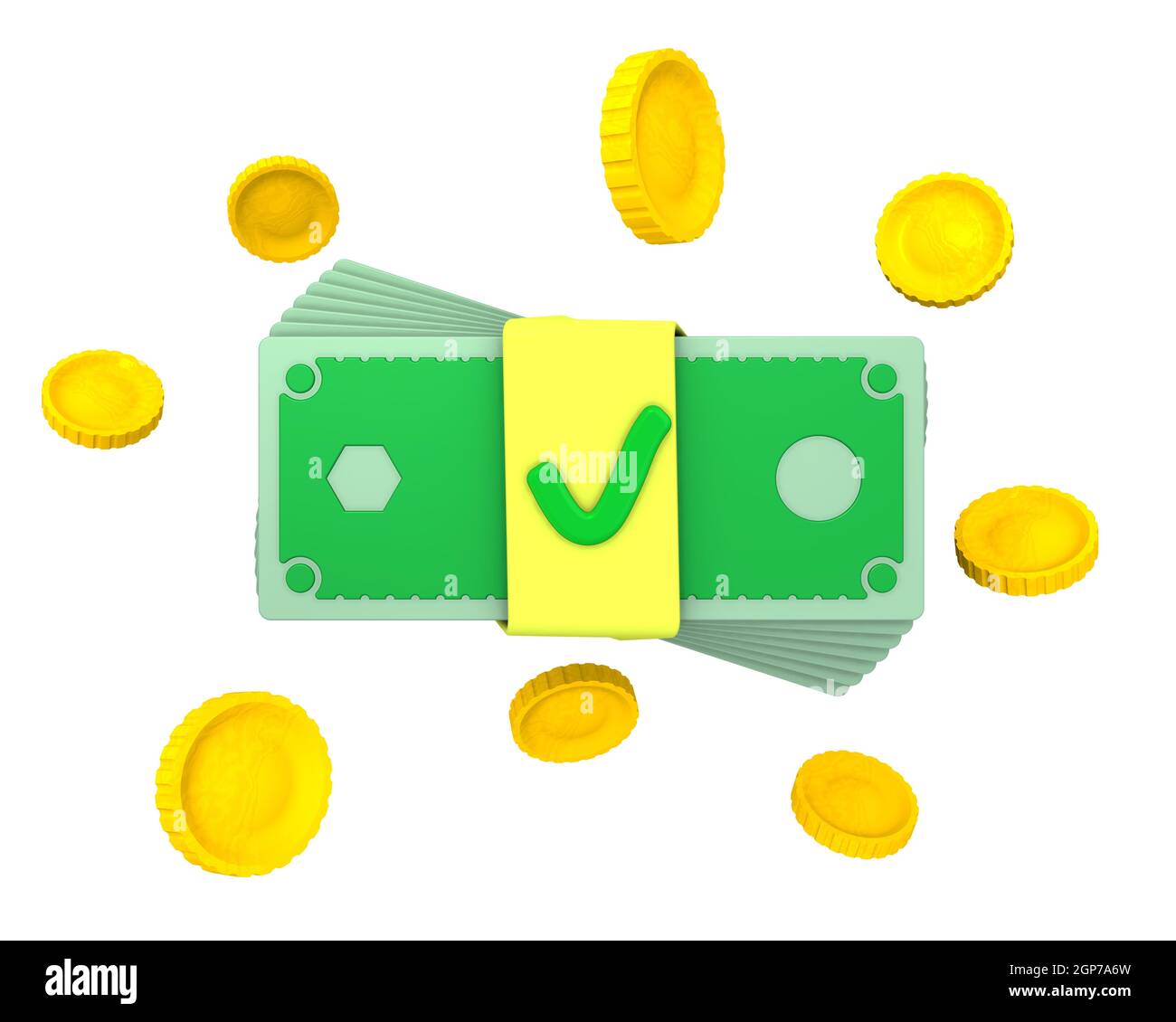 Bundles of bills with coins isolated on white background. 3D ...