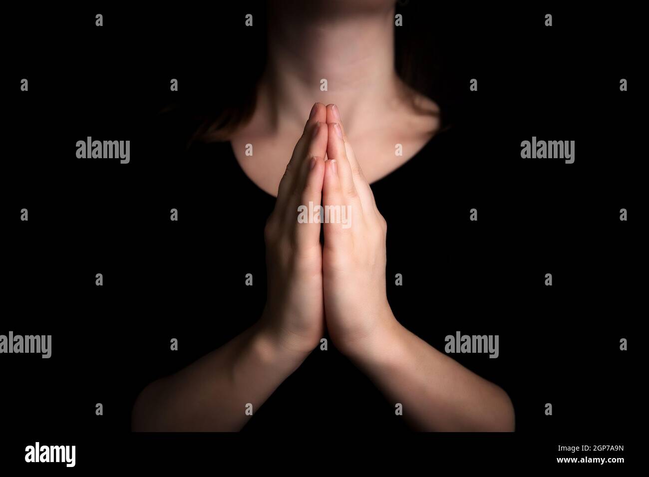 Praying hands with faith in religion and belief in God on blessing ...