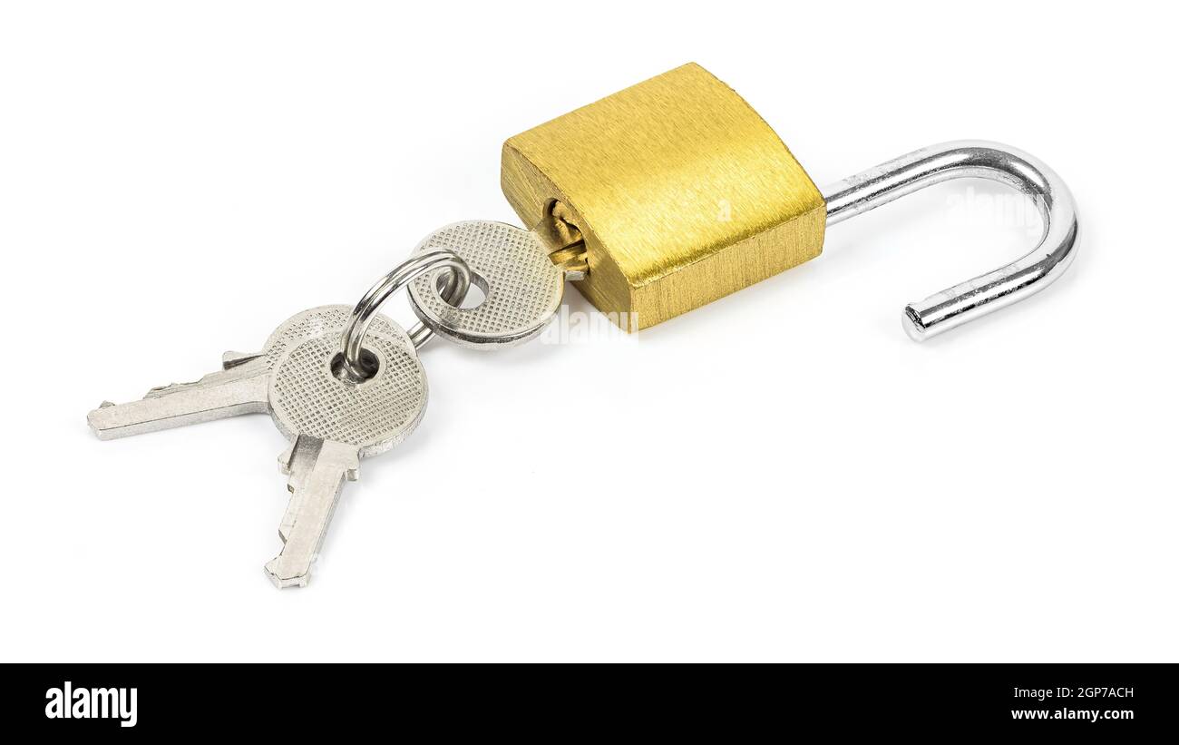 Open yellow padlock and the keys isolated on white background with ...