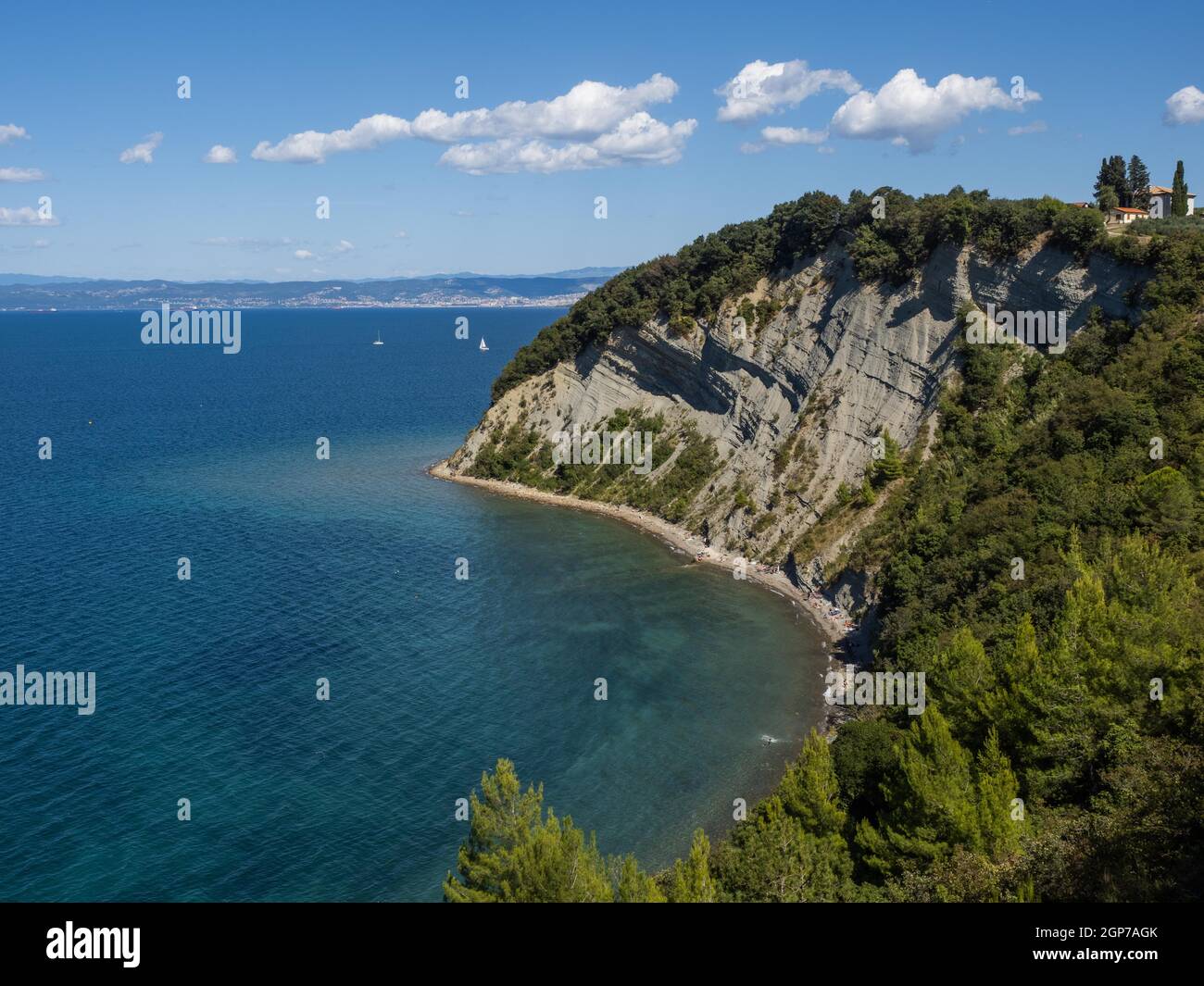 View of the cliffs of Strunjan and Moon Bay, back Bay of Trieste ...