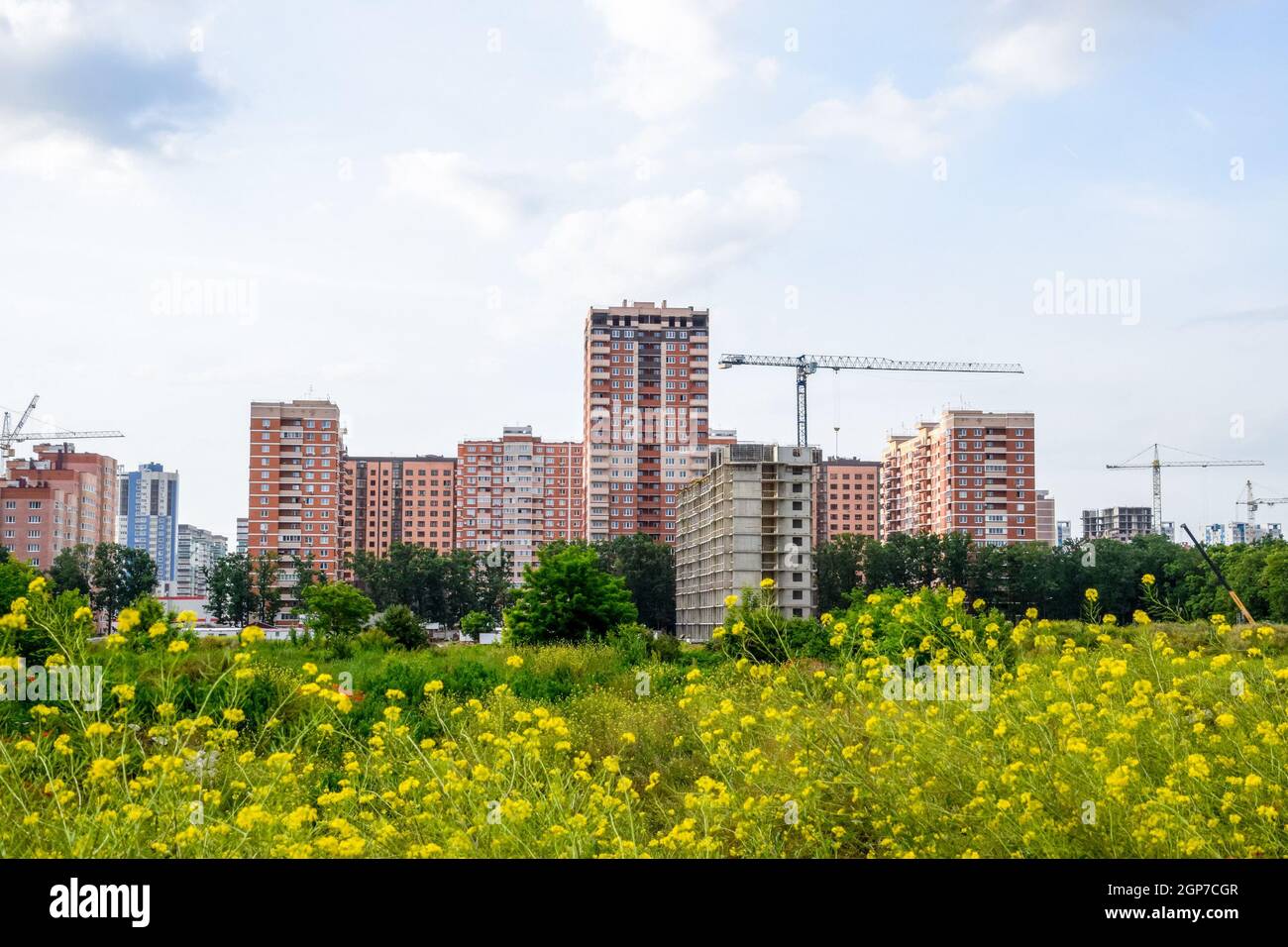 New storey residential building on the city street. Residential houses ...