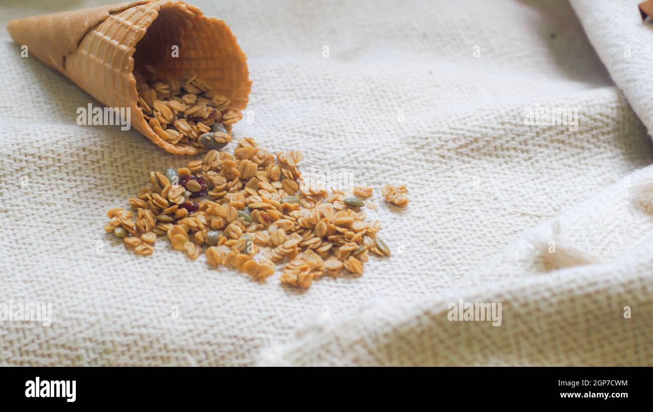 corn flak with cone on with cotton linen cloth still life concept ...