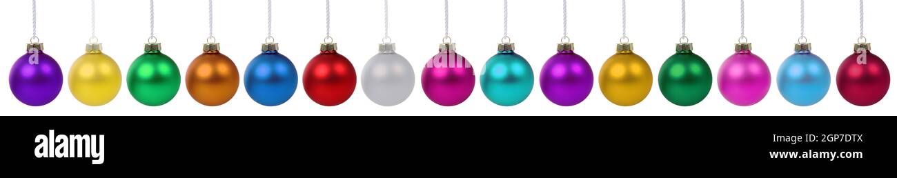 Christmas balls baubles banner decoration in a row isolated on a white ...