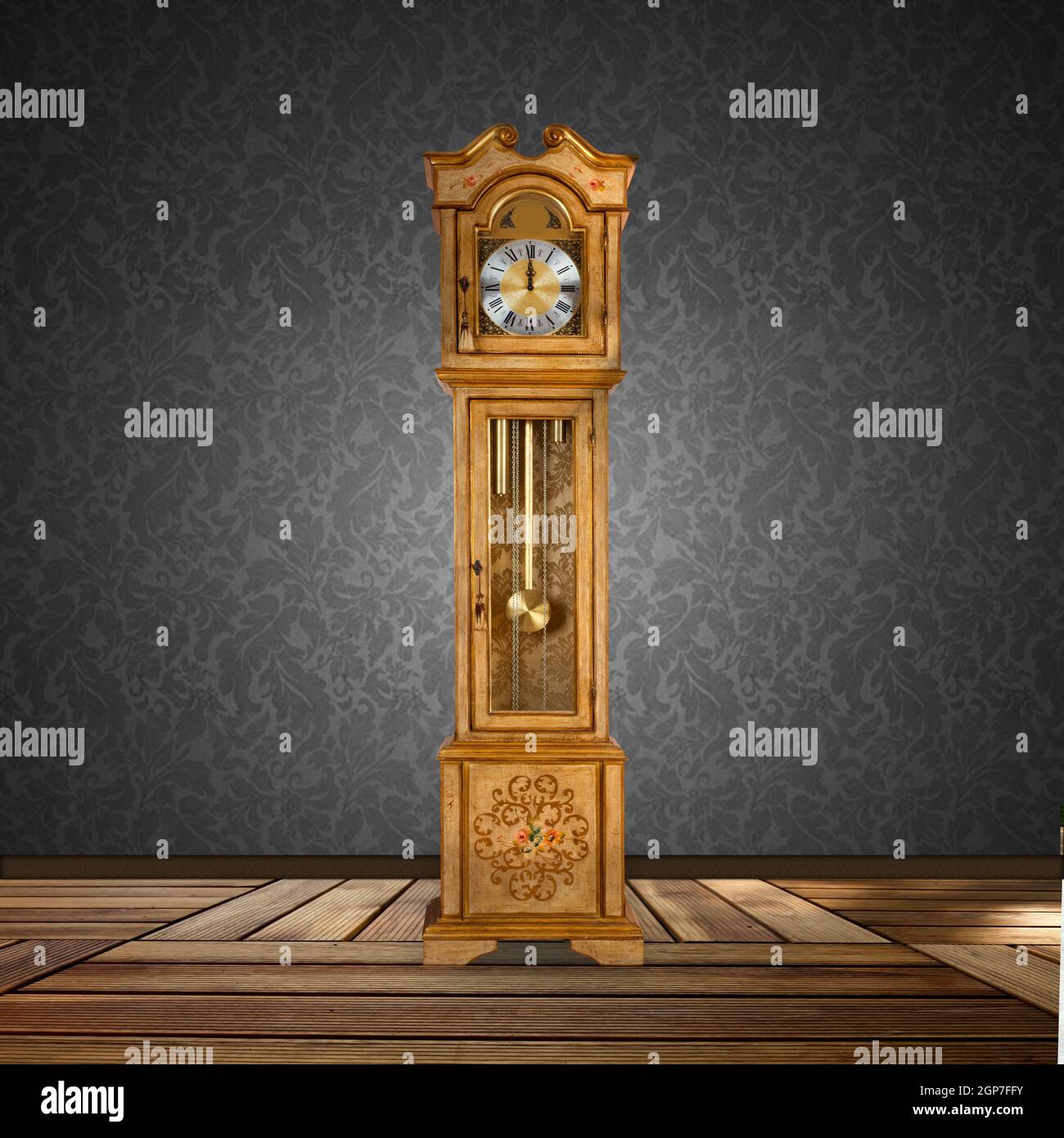 Old grandfather clock isolated in a empty room Stock Photo - Alamy