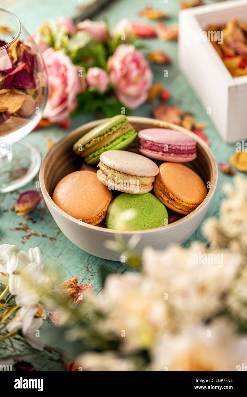 Traditional French colorful macaroon cookies served in bowl, Dessert ...
