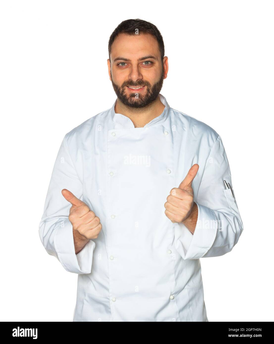 Young chef in white uniform isolated on white background. Well done ...