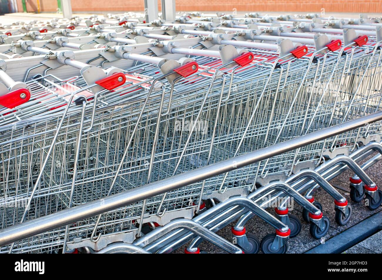 Rows of shopping carts at the entrance of supermarket Stock Photo - Alamy