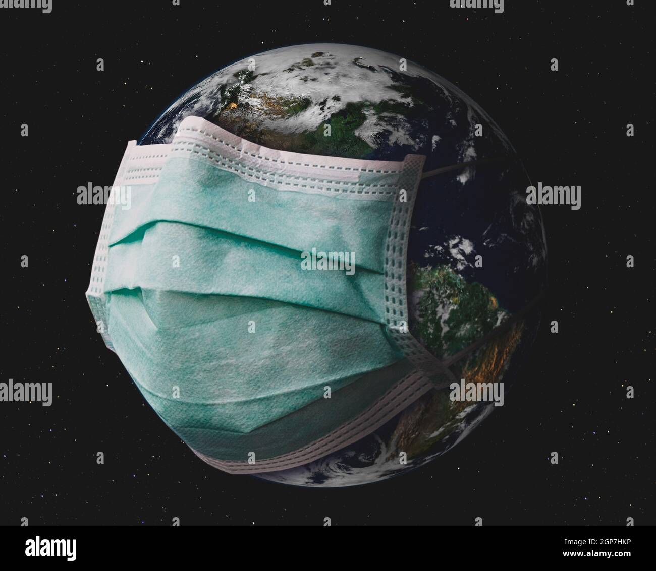 Planet earth with surgical mask. Lockdown concept due to the ...