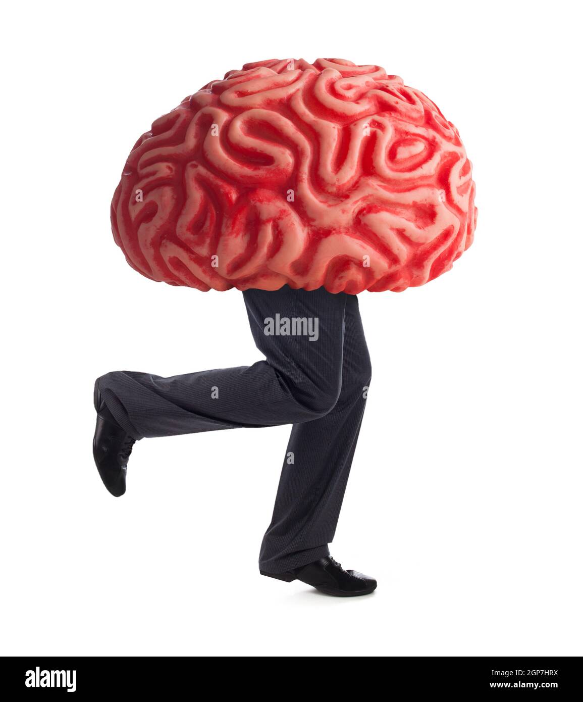 Metaphor of the brain drain. Rubber brain legs while running on white ...