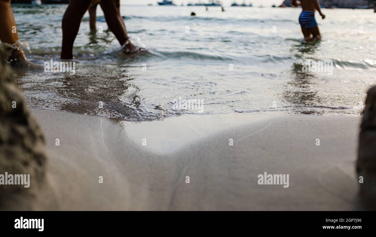 Wave sea water shore edge on the sand of a Mediterranean beach Stock ...