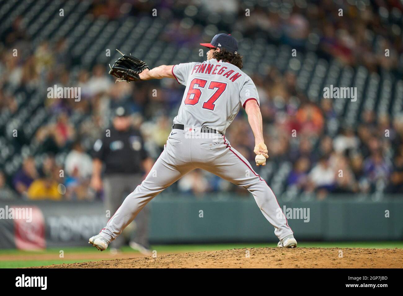 Denver CO, USA. 26th Sep, 2021. Washington pitcher Kyle Finnegan (67 ...