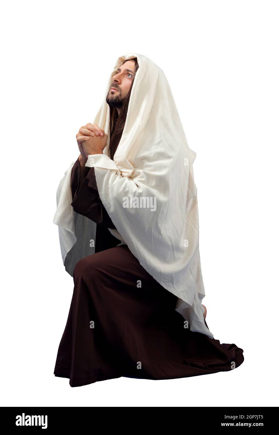 Jesus Christ full lengthin knee on white background Stock Photo - Alamy