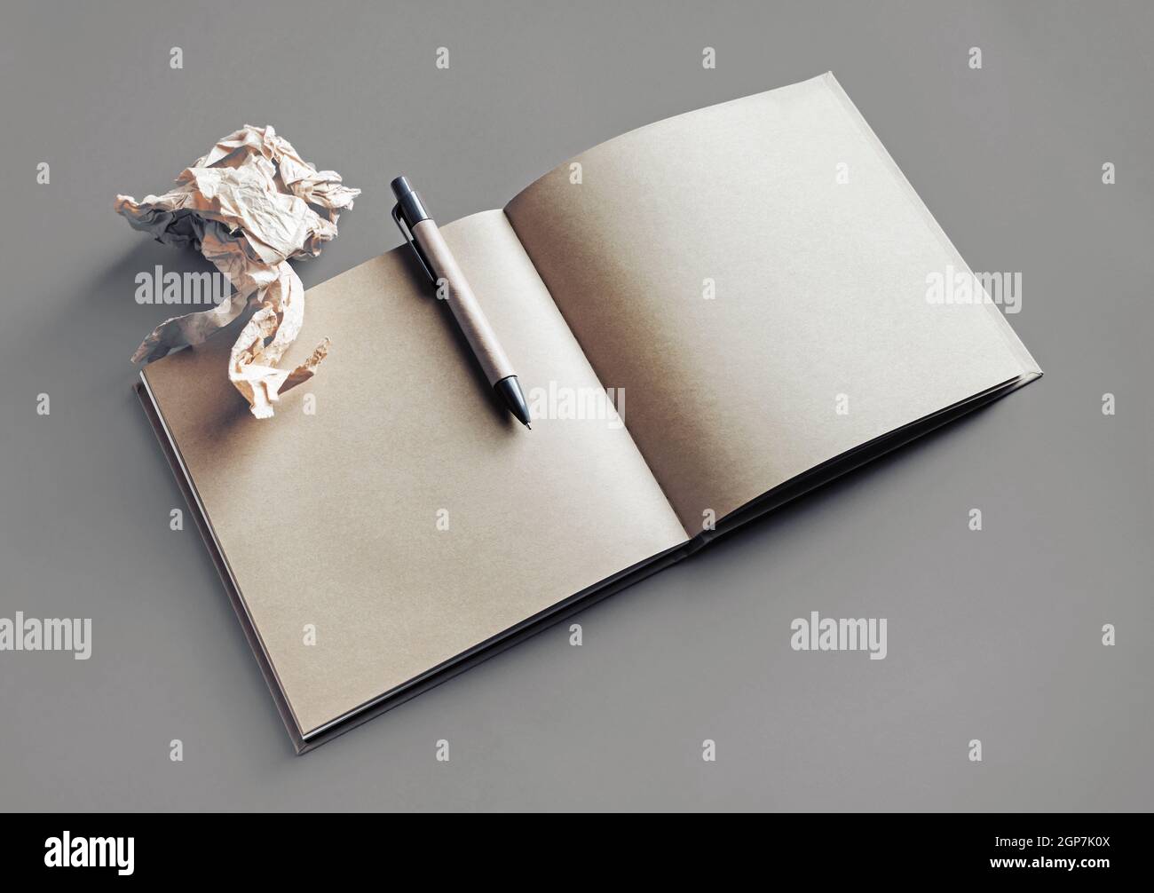 Open blank kraft paper book or sketchbook, pen and crumpled paper ...