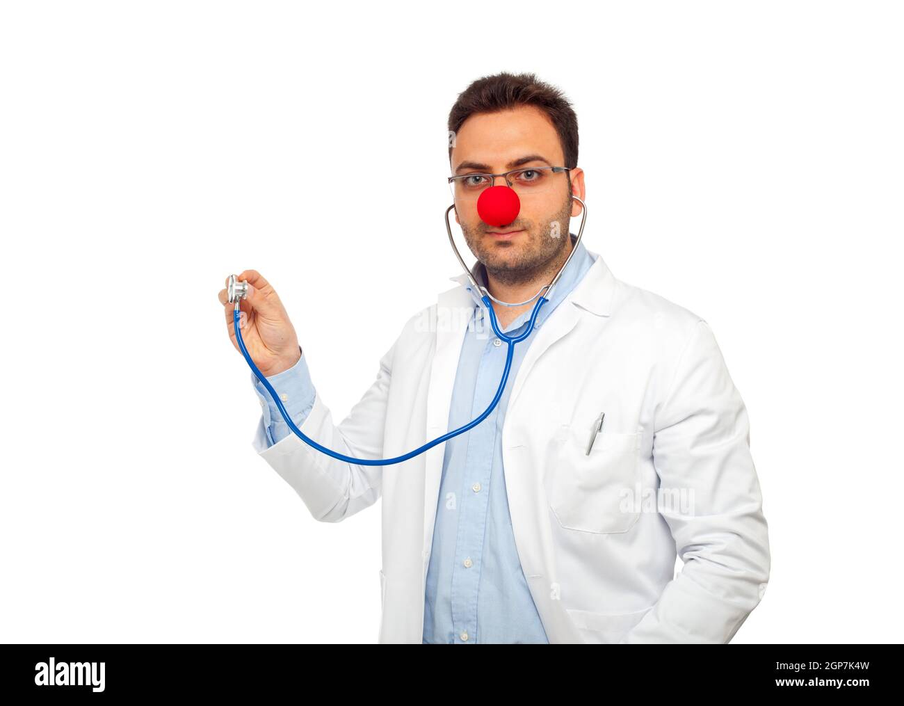 Patch adams concept with young doctor isolated on white background ...