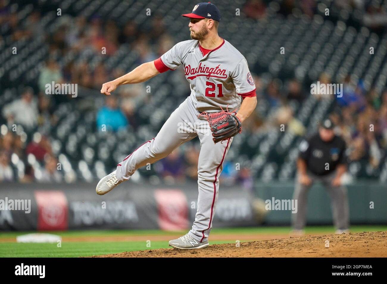 Denver CO, USA. 27th Sep, 2021. Washington pitcher Tanner Rainey (21 ...