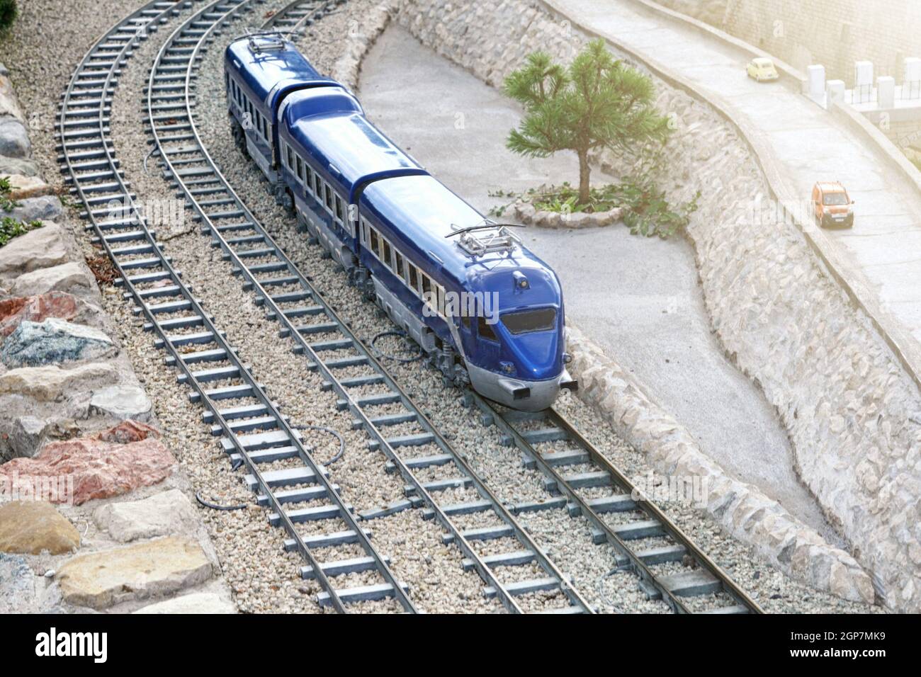 A miniature model of the railway. Train and constructions Stock Photo ...
