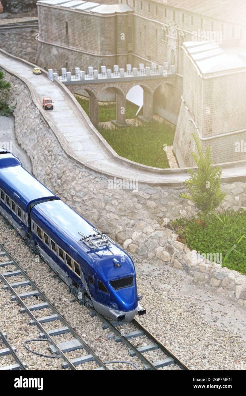 A miniature model of the railway. Train and constructions Stock Photo ...