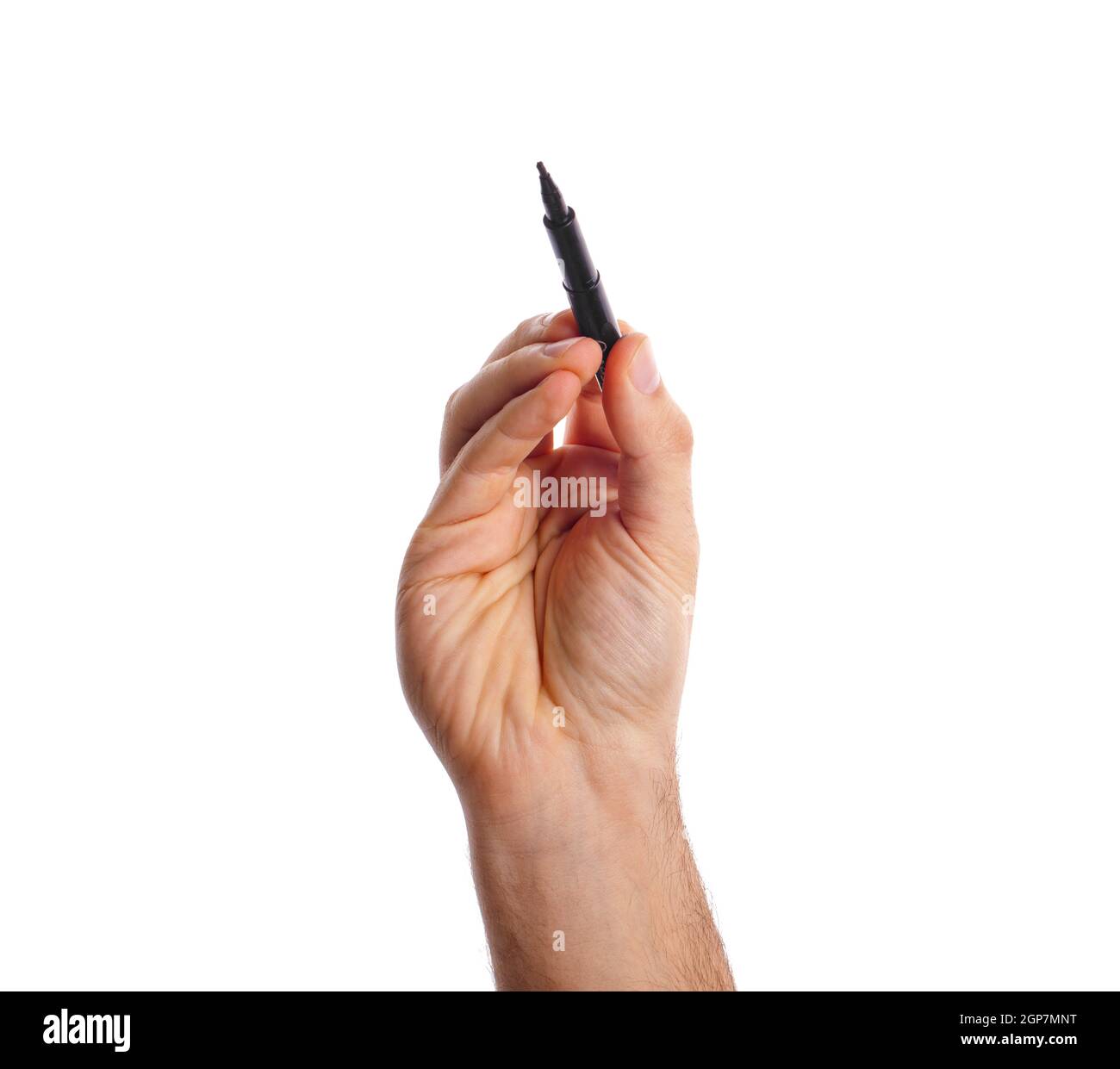 Male hand, holding one pen. Isolated on white background Stock Photo ...