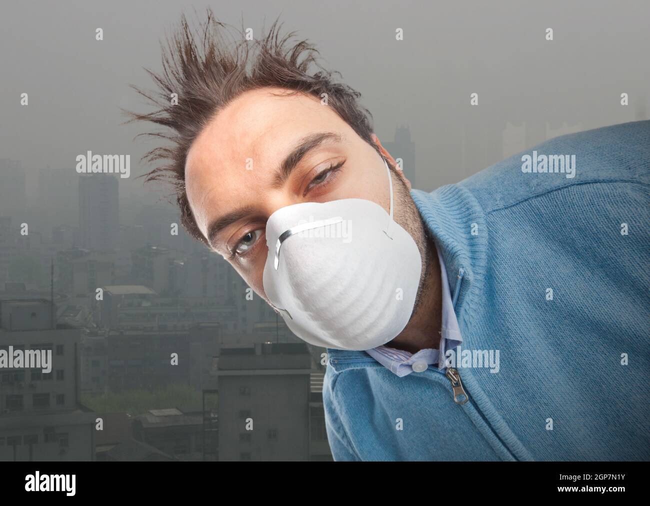Young boy with mask respiratory protection near industrial city Stock ...