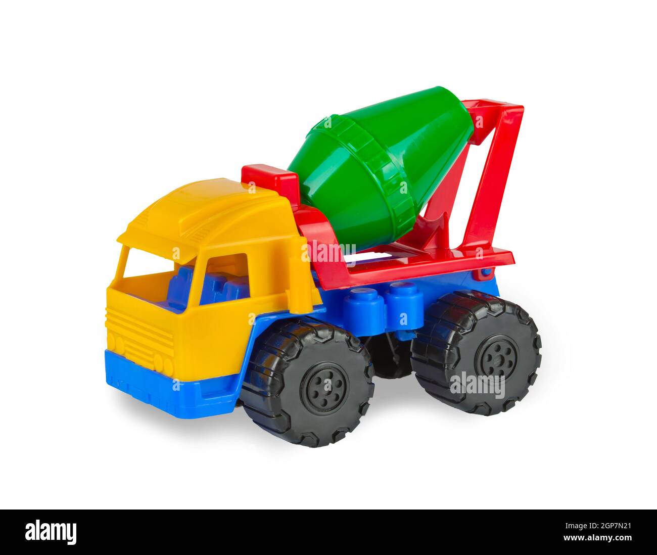 Colorful toy cement mixer machine on white background Stock Photo - Alamy