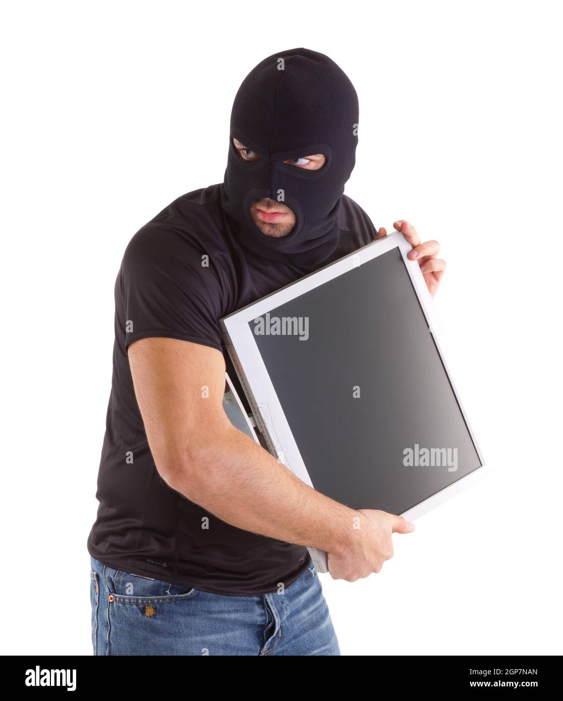 Criminal with balaclava is robbing a monitor on white background Stock ...