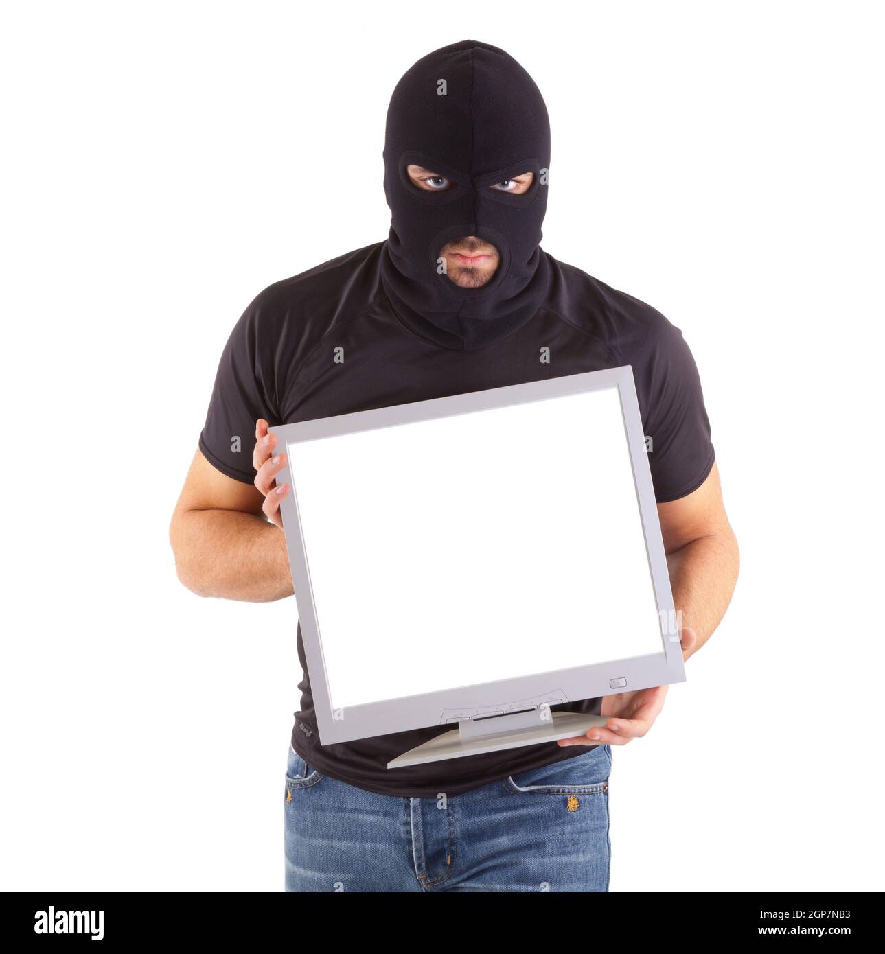 Criminal with balaclava is robbing a monitor on white background Stock ...