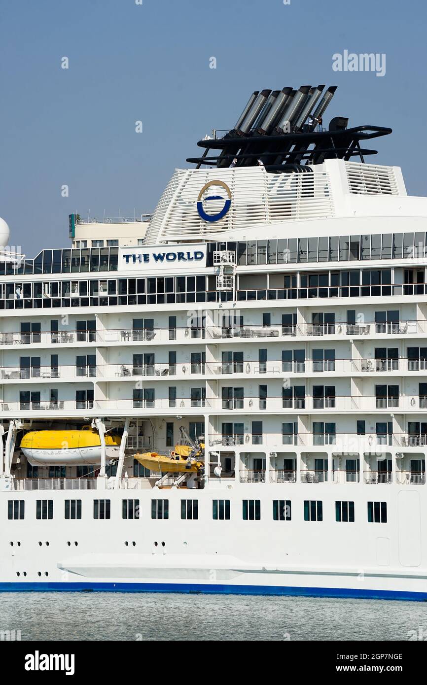 'The World' cruise seen docked at Malaga Cruise Port.There are 165 ...