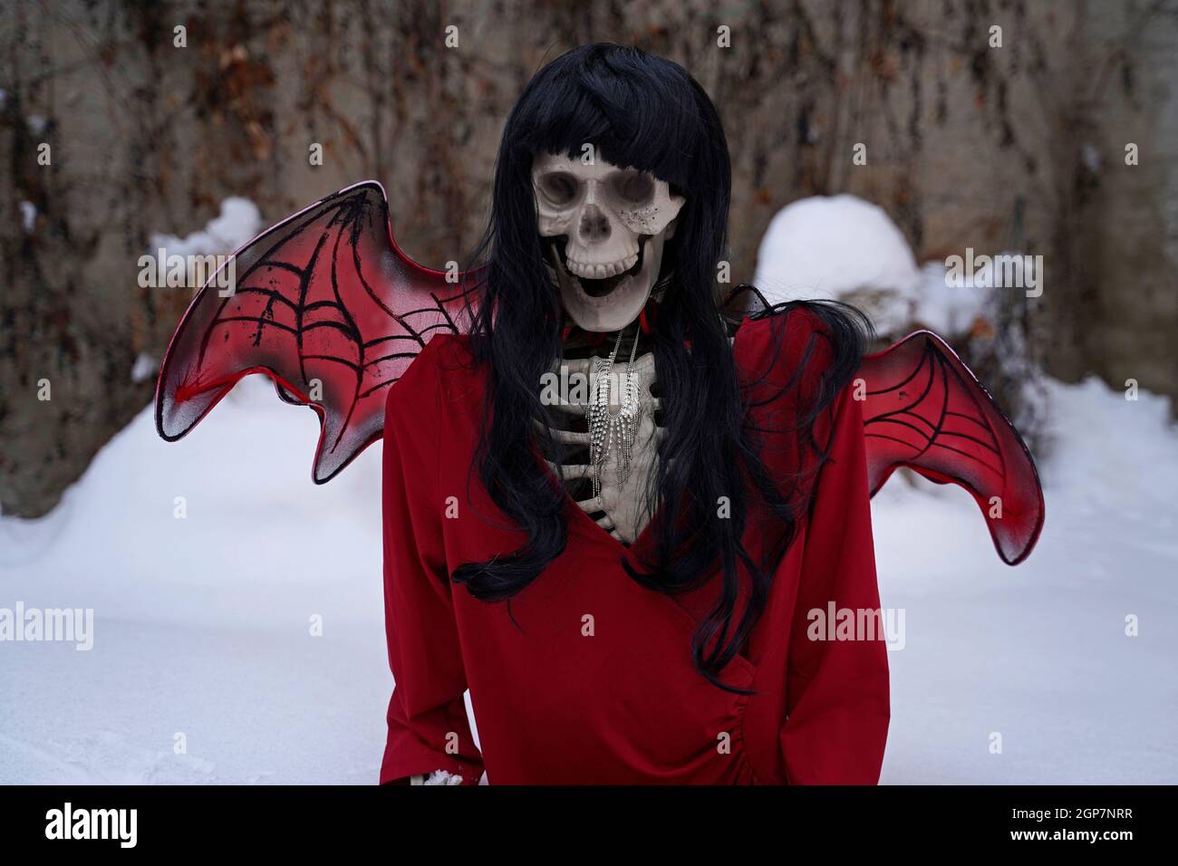 Devil bride skeleton with red dress and devil wings in snow Stock Photo ...
