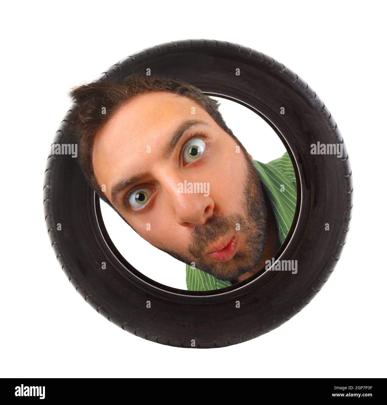 Wow expression in the car tire on white background Stock Photo - Alamy
