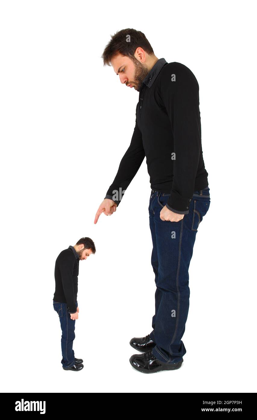 Two men accused against himself on white background Stock Photo - Alamy