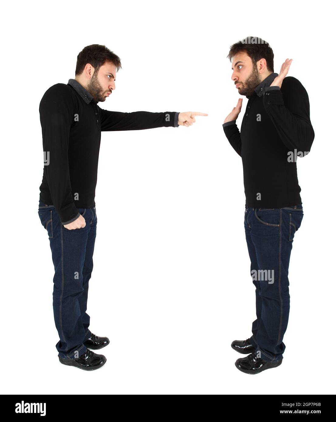 Two men accused against himself on white background Stock Photo - Alamy