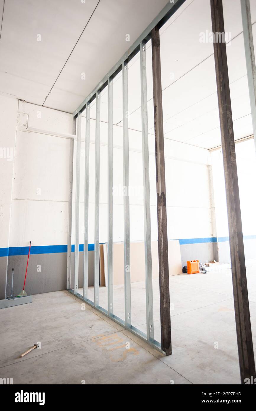 Working of metal frames structure before installing gypsum boards Stock ...