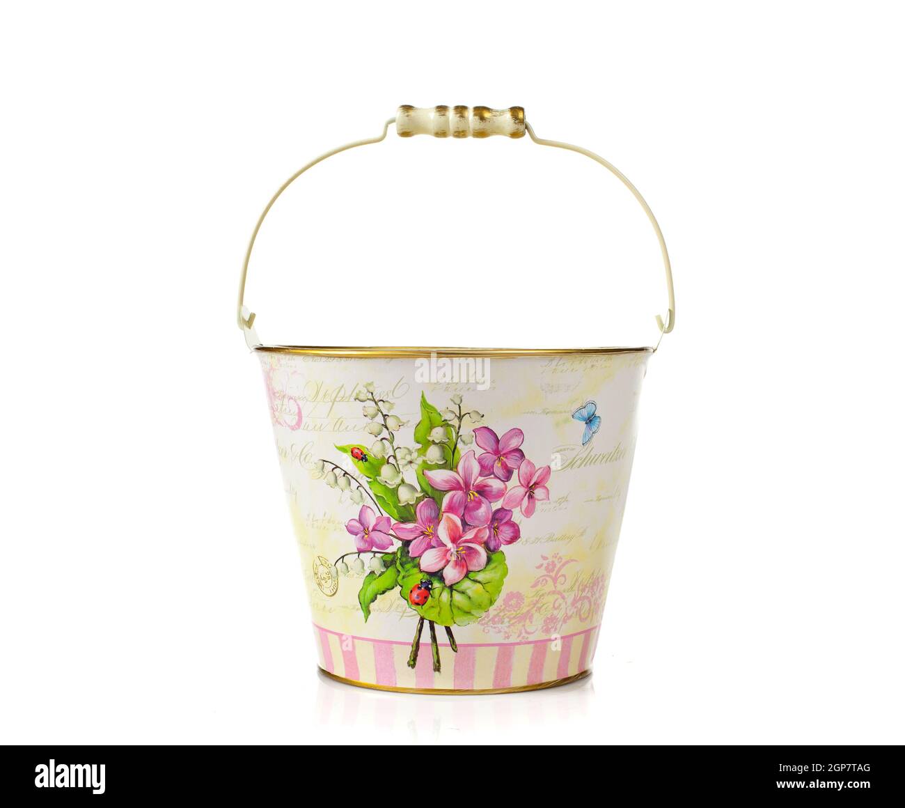 Empty bucket with vintage floral decorations on white background Stock ...