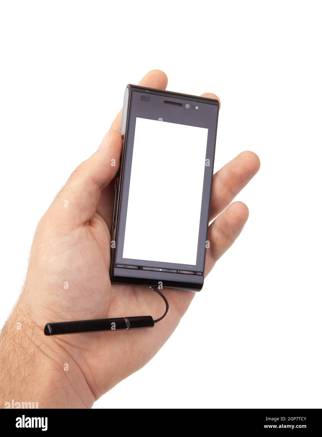 Hand holding blank mobile smartphone on white background Stock Photo ...