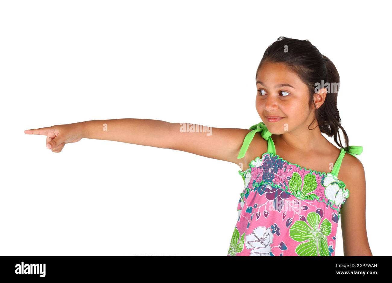 Little girl pointing with the finger on white background Stock Photo ...