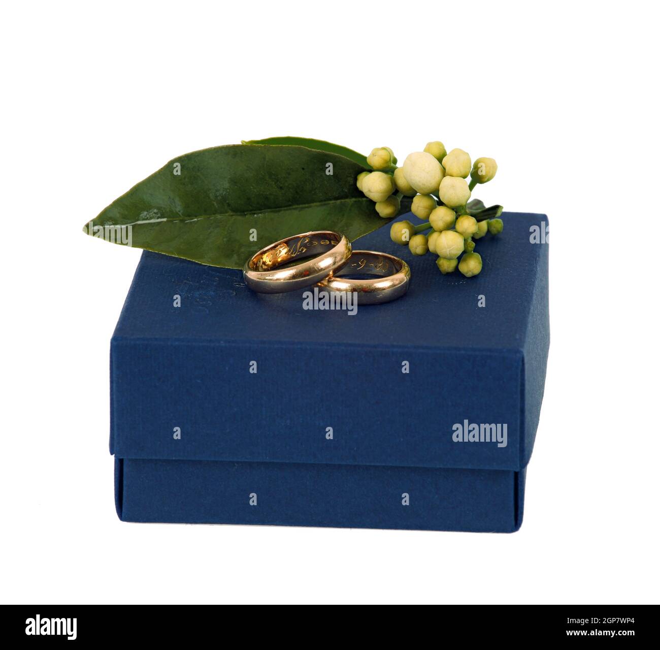 Blue box with wedding rings on white background Stock Photo - Alamy