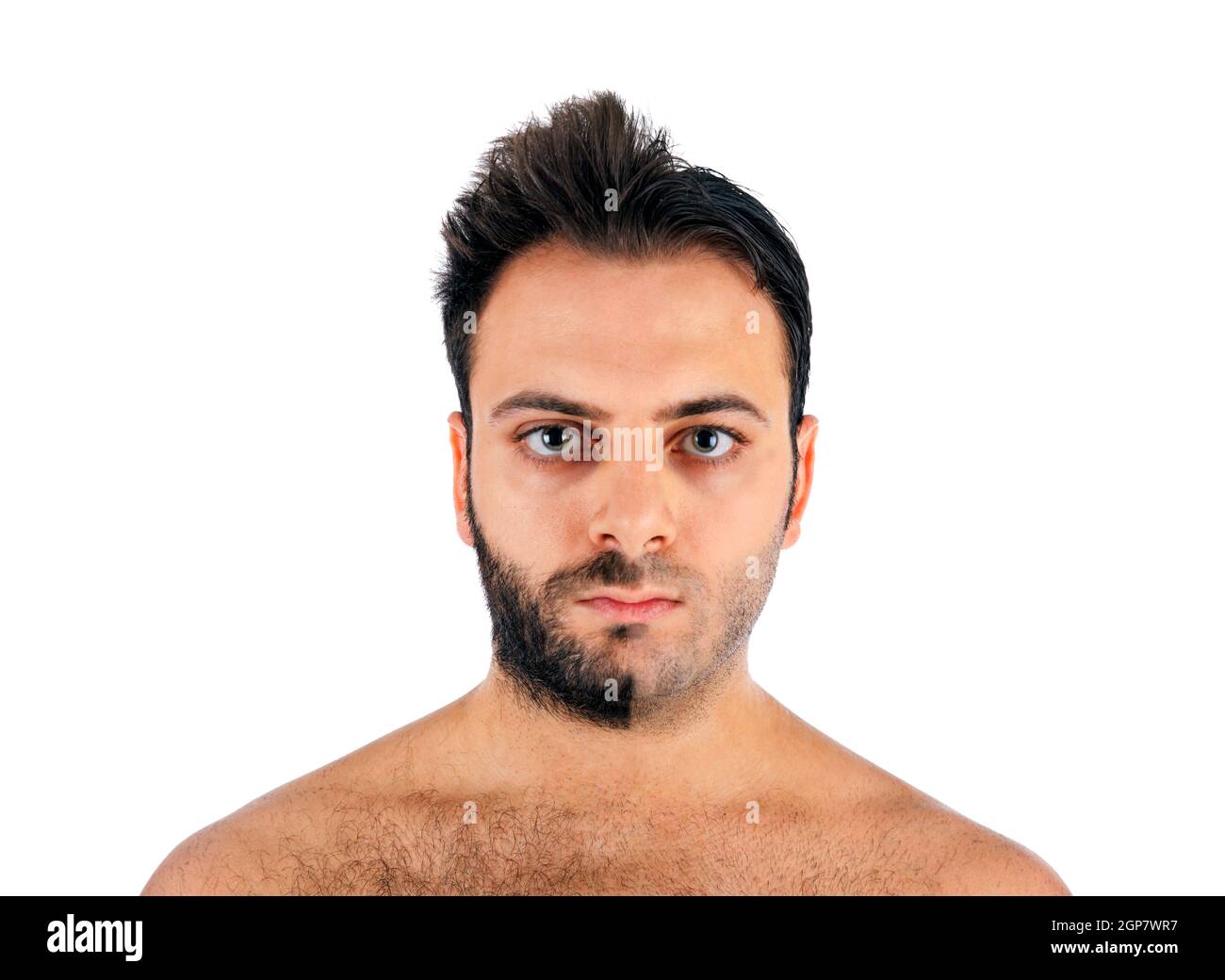 A young man with a beard on half of the face on white background Stock ...