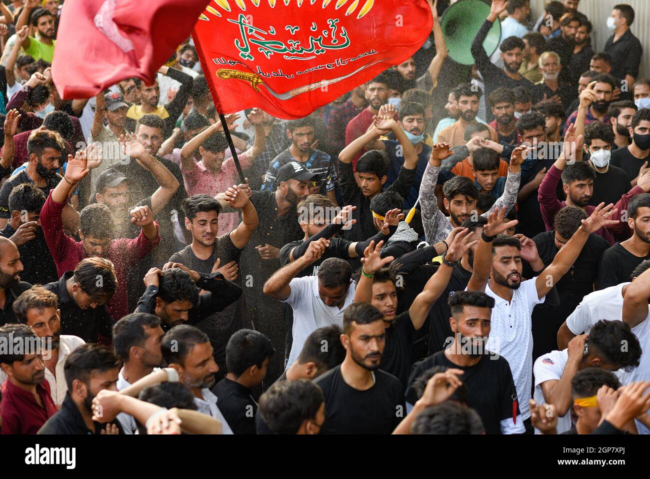 Shia Muslims shout religious slogans and raise their hands and flags ...