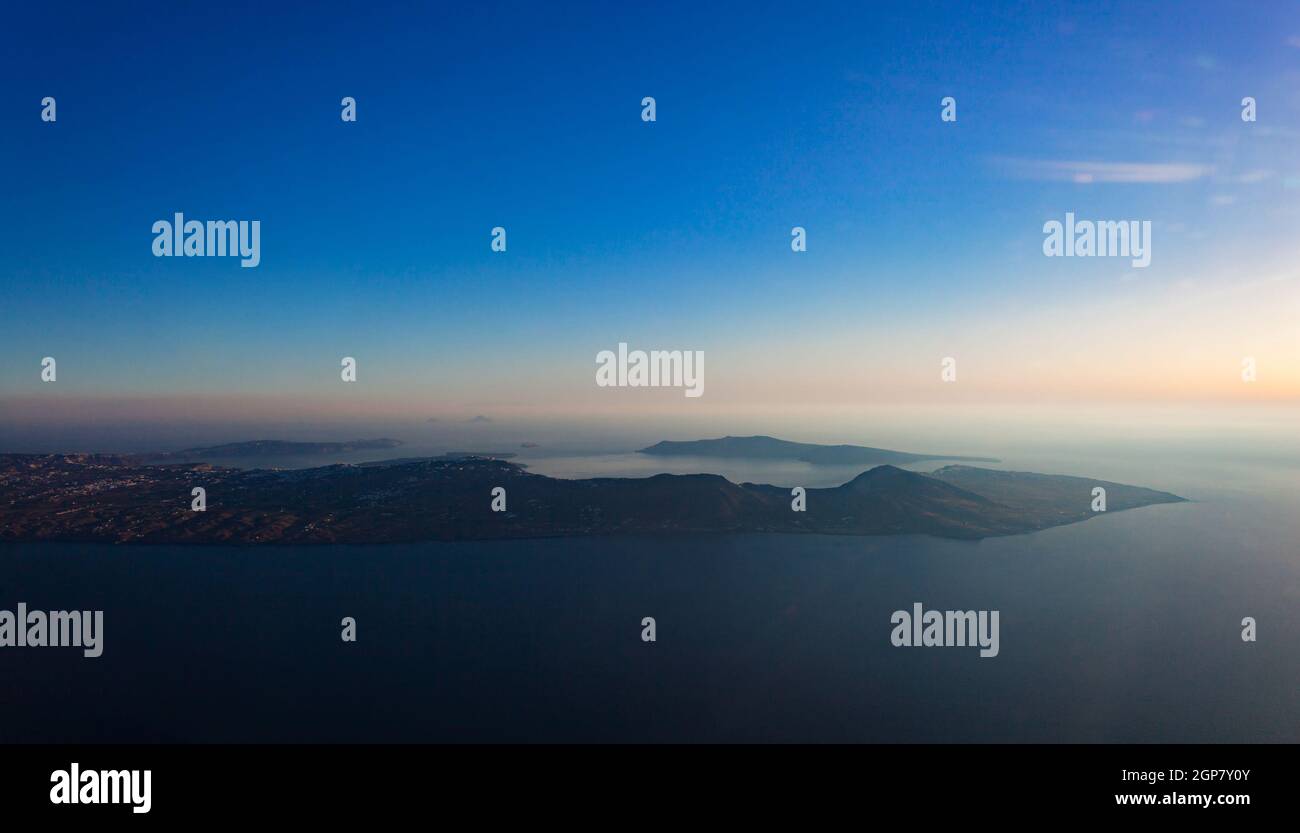 Amazing aerial view of Santorini island as seen from plane window Stock ...