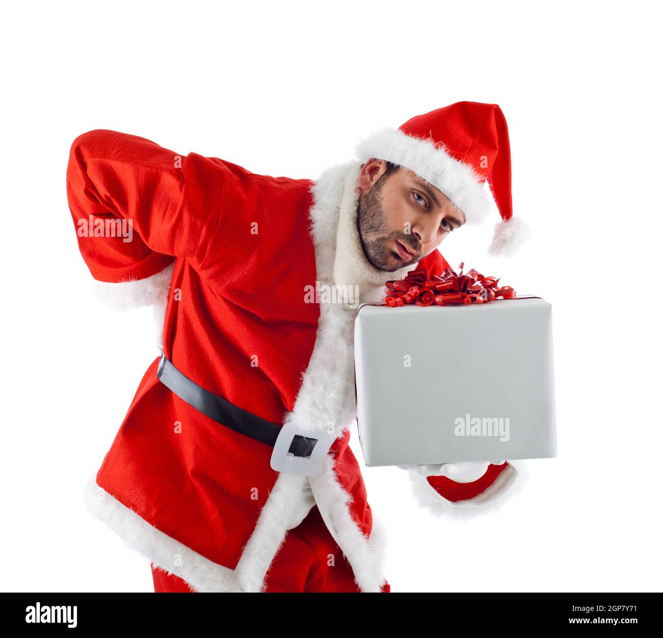 Young Santa Claus with gift box on white background Stock Photo - Alamy