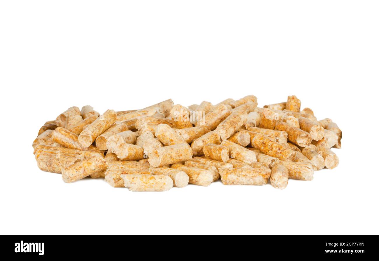 Wood pellets on white background Stock Photo - Alamy