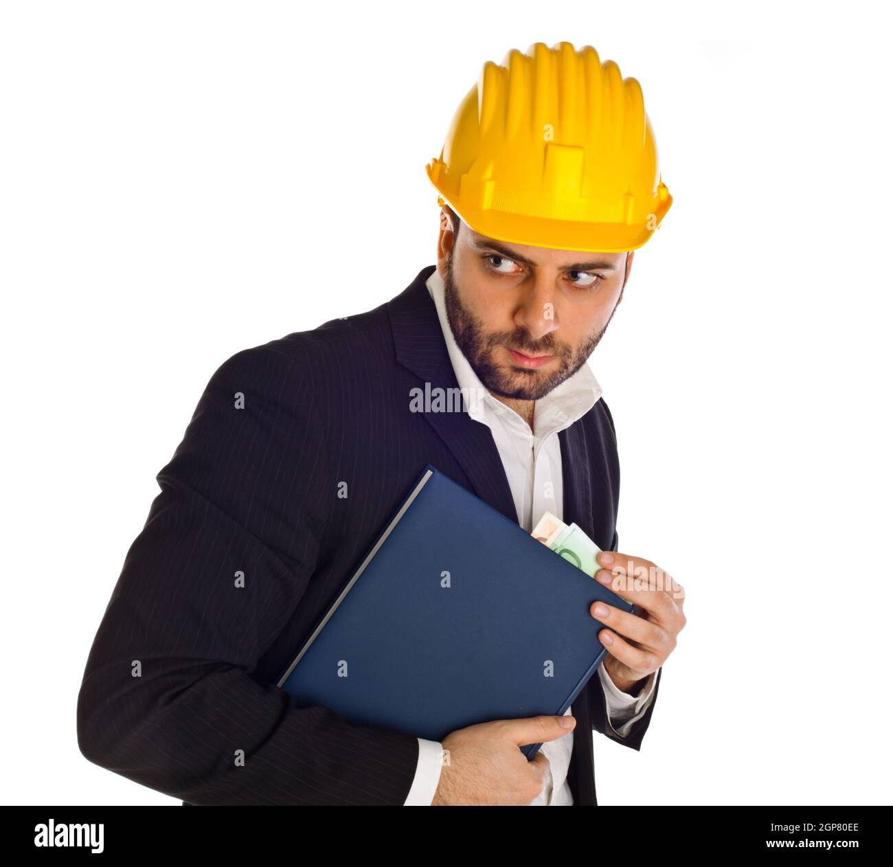 Businessman with construction helmet and bribe isolated on white ...